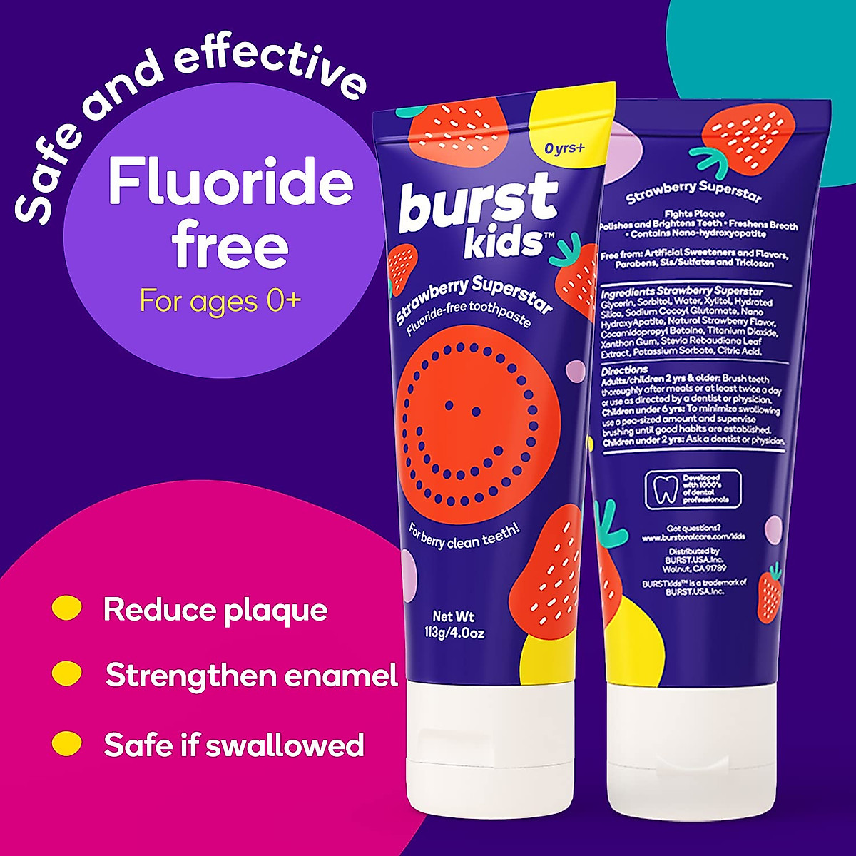 BURSTkids Strawberry Kids Toothpaste Fluoride-Free - Great Tasting, Dye Free Baby, Toddler & Kid Toothpaste Age 0+ with Nano-Hydroxyapatite - 4oz