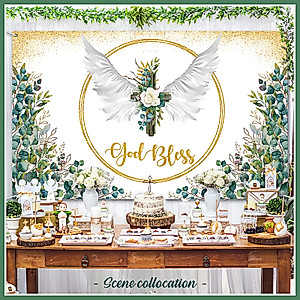 Remagr God Bless Backdrop First Communion Baptism Christening Party Decorations Banner Green Leaves Newborn Baby Shower Photography Background Favors Supplies Photo Booth, 71 x 43 in, One Size