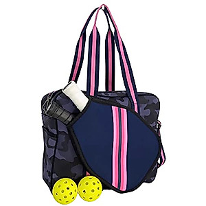Queen of the Court Pickleball Bag, Pickleball Bag with Fence Hook, Pickle Ball Bag for Women, Cute Pickleball Bag (Navy Camo with Pink Stripe)