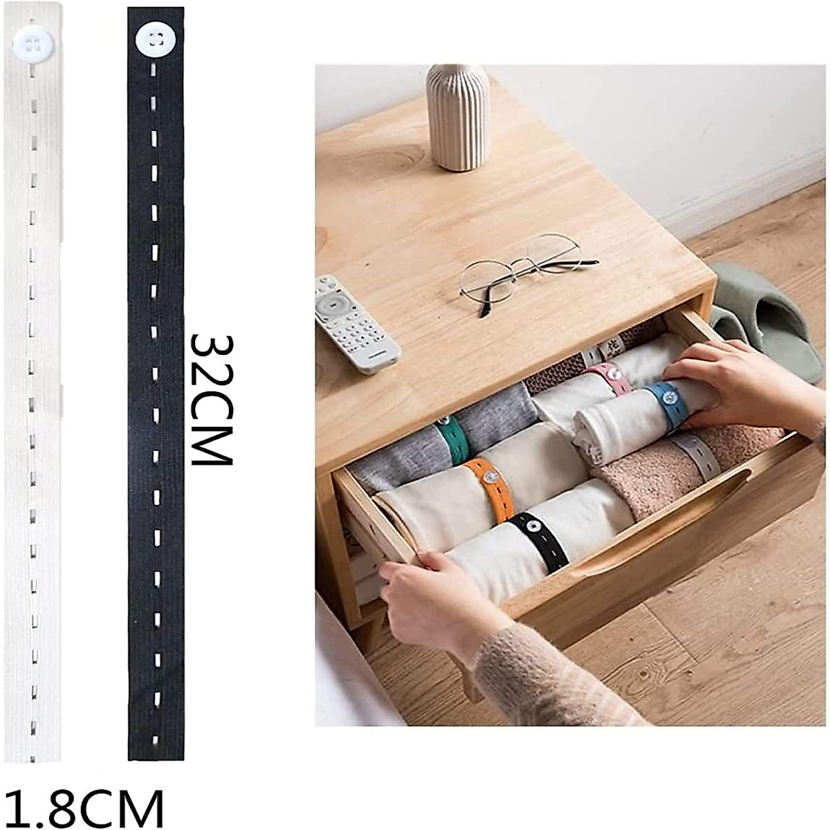 VSV stoage Adjustable Clothes Storage Elastic Band, Roll-up Clothing Storage Strap with Button and Buttonholes, Space Saver, Connatable Strap for Drawer, Closet and Travel Luggage, Grey