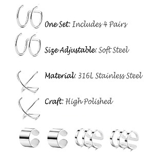 Tornito 4-10 Pairs Stainless Steel Ear Cuff Helix Cartilage Clip On Wrap Earrings Fake Nose Ring Non-Piercing Adjustable (A4: 4 Pairs, Silver Tone)