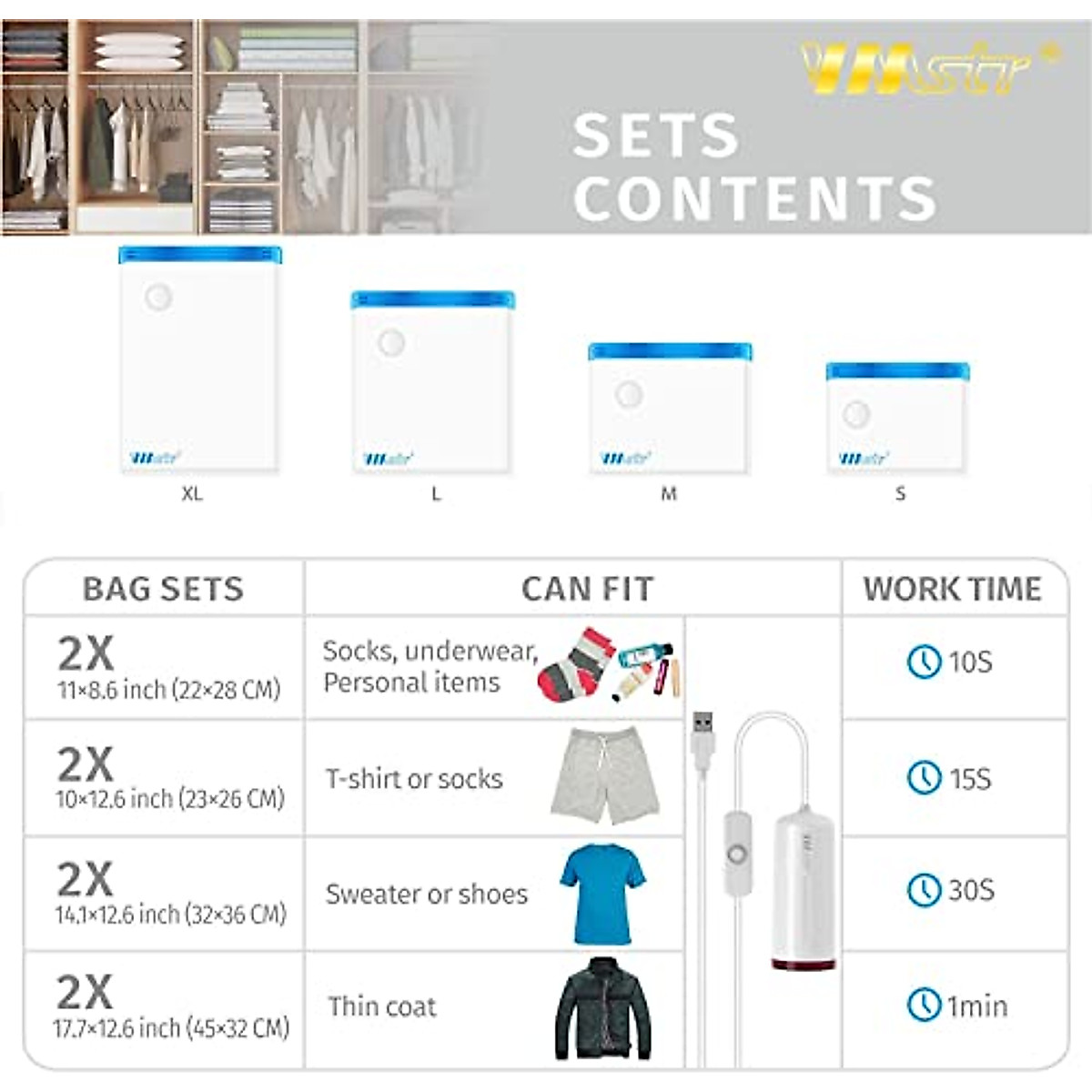 VMSTR 8 Pack Travel Vacuum Storage Bags with USB Electric Pump, Compression Storage Bags for Clothes, Medium Small Space Saver Bags for Travel