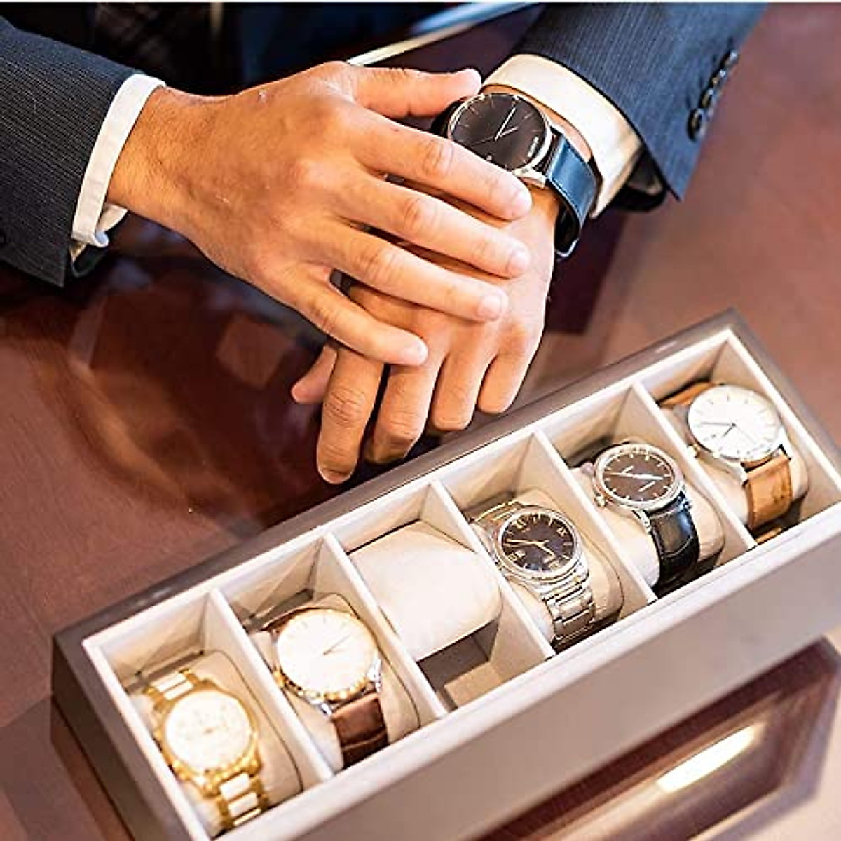 CASE ELEGANCE Solid Espresso Wood Watch Box Organizer with Glass Display Top