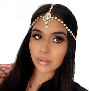 Catery Head Chain Jewelry Crystal Hair Chains Boho Headpiece Pendant Head Chain Hair Jewelry Hair Accessories for Women and Girls (Gold)