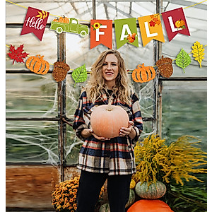 CAVLA Hello Fall Banner and Glittery Maple Leaves Pumpkin Acorns Patterns Banner Autumn Harvest Bunting Banner with Pumpkin Truck Signs Fall Thanksgiving Party Banner for Wall Mantel Fireplace Party