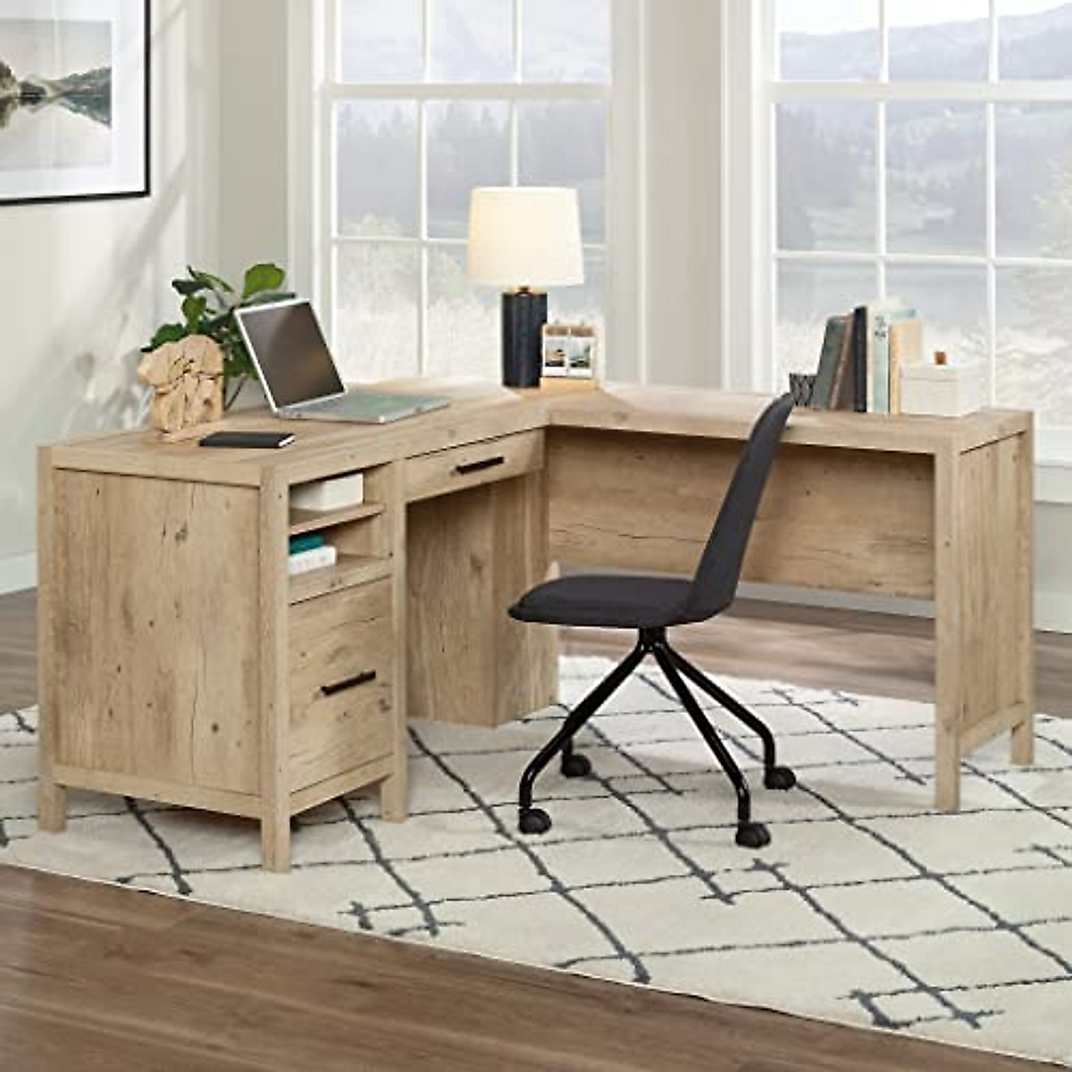 Sauder Pacific View L-Desk, L: 58.47" x W: 58.43" x H: 29.92", Prime Oak Finish