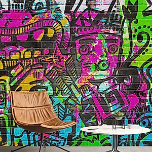 IDEA4WALL Removable Wall Sticker/Wall Mural Neon Purple Green Boho Spray Paint Graffiti & Street Art Typography Digital Art Pop Art Decorative Colorful for Living Room, Bedroom, Office - 100"x144"