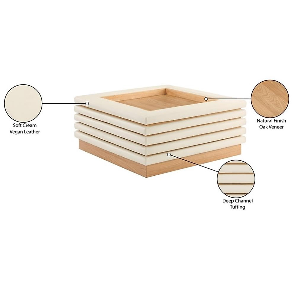 Meridian Furniture 210Cream-CT Rory Collection Modern | Contemporary Upholstered Coffee Table, Soft Cream Vegan Leather, Natural Finish Oak Veneer, Deep Channel Tufting, 39" W x 39" D x 16" H, Cream