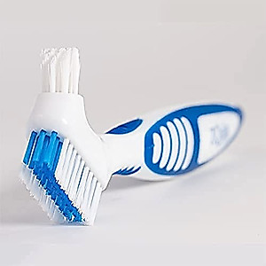 ZQuiet Clean Denture Brush for Dental Devices (Mouth Guard, Retainer, Mouthpiece, False Teeth), Multi-Layered Bristles, No-Slip Ergonomic Handle Dental Appliance Cleaning Brush Tooth Brush, White/Blue