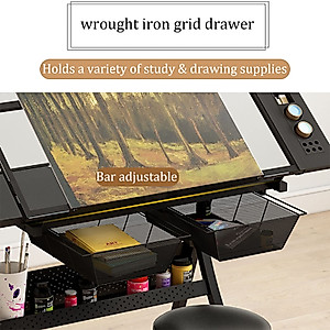 VejiA Glass Drafting Table, Height Adjustable Drawing Desk with Stool, Tiltable Desk Art Table 0°-50°, Tempered Glass Top Painting Desk, Art Craft Work Station, with