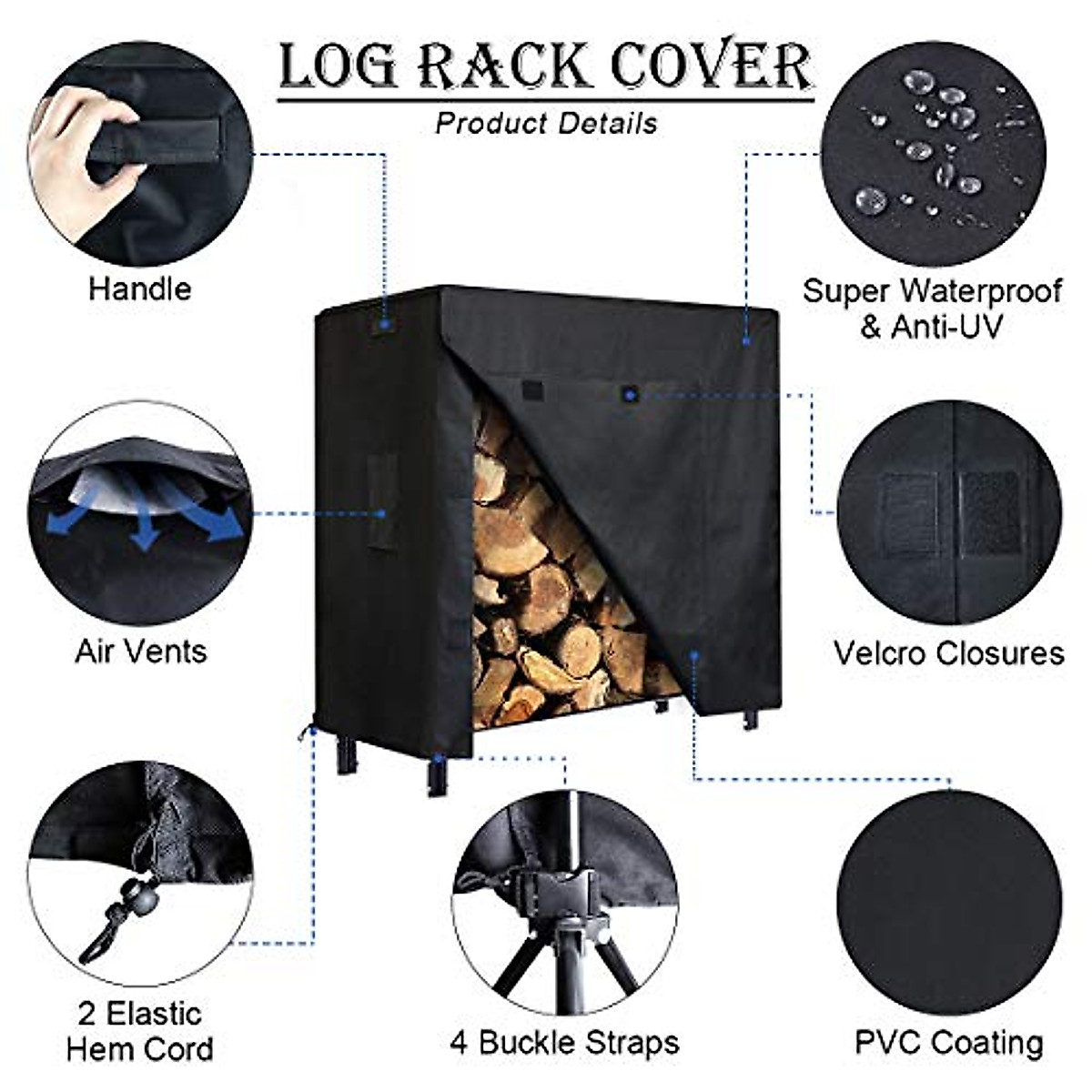 ZNCMRR Firewood Log Rack Cover, 4 Feet 600D Oxford Heavy Duty Outdoor Waterproof All-Weather Outdoor Protection for Firewood Rack Cover, 48" x 24" x 42" (4 Feet, Black)