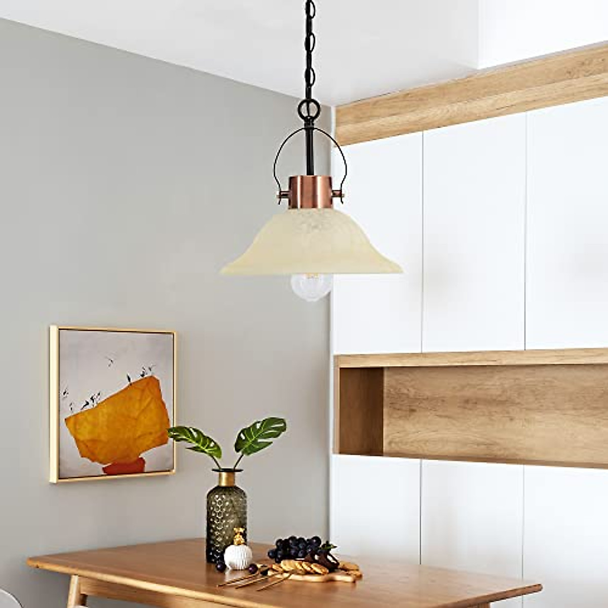 ANYONGLU Traditional Plug-in Pendant Lighting Fixture Amber Alabaster Glass Bowl Shade Antique Industrial Hanging Lamp for Kitchen Dining Room