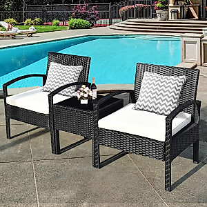 Tangkula 3 Piece Patio Conversation Set, Outdoor Rattan Sofa Set with White Seat Cushions & Coffee Table, Patio Wicker Furniture Set for Garden Balcony Backyard Poolside (Black)