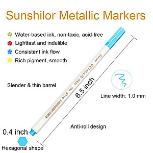Sunshilor Metallic Markers Fine Point Metallic Marker Pens for Black Paper, Rock Painting, Easter Egg, Halloween Pumpkin, Card Making, Metal, Ceramic, Wine Glass, Set of 15