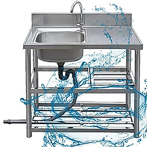 Commercial Sink Single Bowl Unit Free Standing Utility Sink with Cold and Hot Faucet and Workbench and Storage Shelves for Kitchen Bathroom Restaurant Farmhouse Laundry Indoor Outdoor. (Color : Hot a