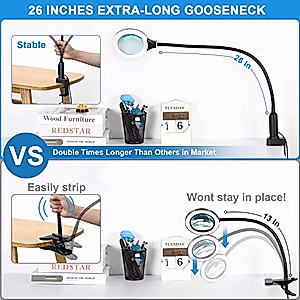 TOMSOO 26" Gooseneck Magnifying Lamp with Clamp, 5 Color Modes Stepless Dimmable LED Desk Light with Magnifying Glass, 5X Real Glass Lighted Magnifier Hands Free for Painting Close Work Craft Hobby