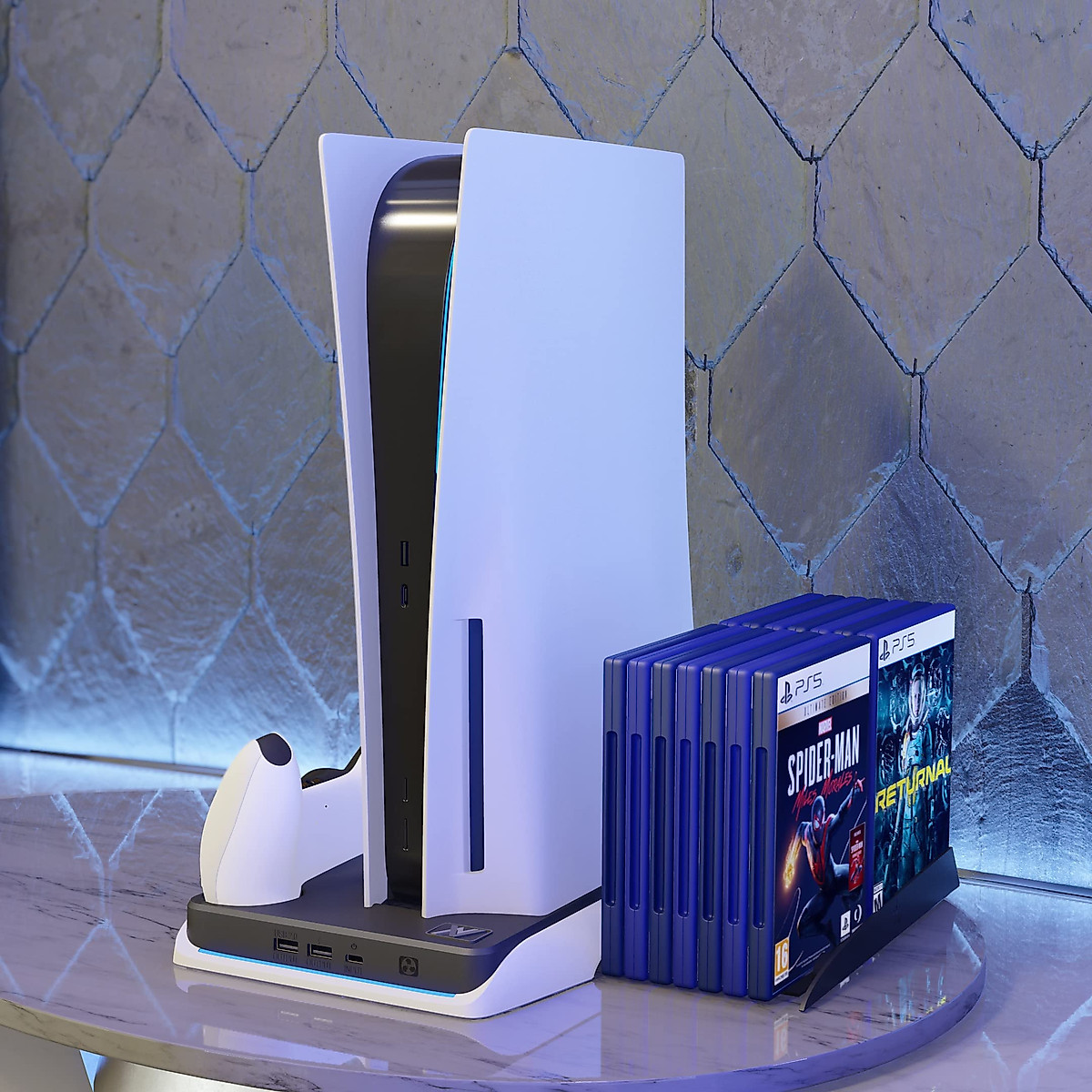 PS5 Cooling Fan Charging Docking Station, 4 in 1 Playstation Stand, Controller Charger, Cool Fan and Games Storage Tray for PS5 Console, Disk and Digital Version (White/Black)…