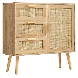 Iwell Storage Cabinet with Rattan Door & 3 Drawers, Rattan Cabinet with Adjustable Shelf, Accent Cabinet for Living Room, Entryway, Natural