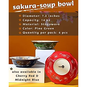 KUNABOO Artisanal Ceramic Soup Bowl, Dinner Bowls Ceramic, Dinner Bowls Set of 4-14 oz - Sakura Floral Series Pine Green - Ready to Wrap Gift