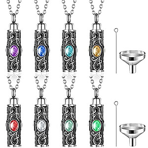8 Pieces Cylinder Urn Necklace for Ashes Cremation Urn Pendant Necklaces Keepsake Necklace for Ashes Charm Stainless Steel Crystal Cremation Necklace PET Memorial Jewelry with Funnels for Men