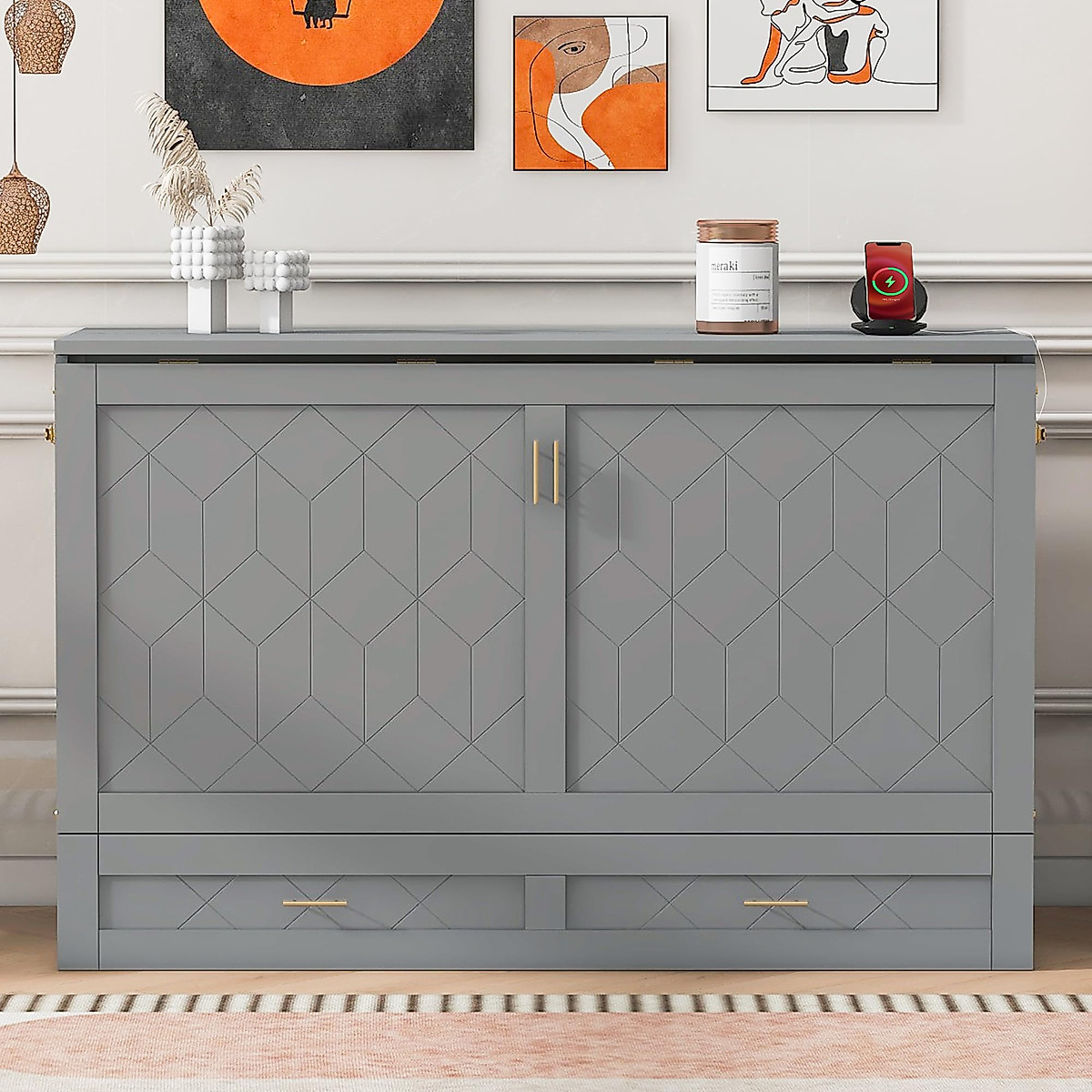 Harper & Bright Designs Queen Size Murphy Bed Wall Bed, Murphy Bed Chest Cube Cabinet Bed with USB, Charging Station and Large Storage Drawer for Home Office, Pulley Structure Design - Gray