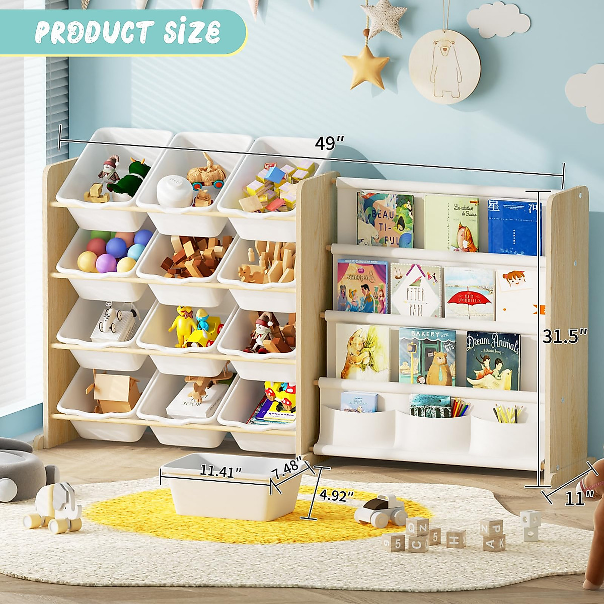 EXPERLAM Kids Toy Storage Organizer - Toy Organizer with Kids Bookshelf, Toy Storage with 12 Toy White Bins and 4 Book Shelves, Toy Organizers and Storage for Playroom, Nursery, Kids Room, Burlywood
