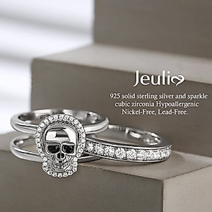 Jeulia Skull Engagement Ring Sets Sterling Silver Interchangeable Promise Eternity Band Rings Diamond with Cubic Zirconia Wedding Engagement Anniversary Promise Bridal Jewelry with Gift Box, silver,