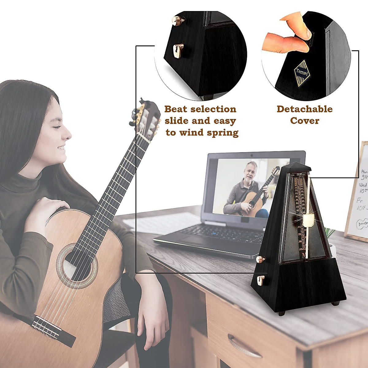 Tempi Mechanical Metronome for Musicians - 2-Year Warranty - Metronome for Piano/Guitar/Violin, Metronome Music for Adults and Kids (Molded Black Grain Veneer)