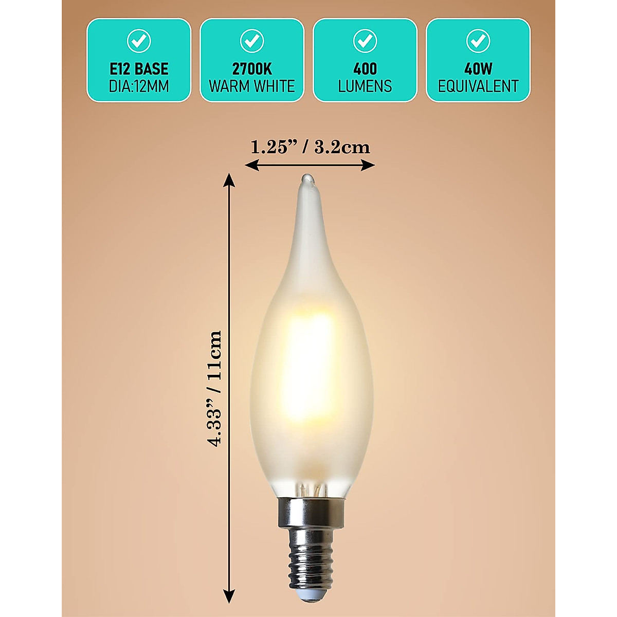AMDTU E12 40 Watt Equivalent Frosted Small Base LED Bulb Candelabra Candle CA10 Dimmable Chandelier Light Ideal for Dining Rooms Living Rooms and bedrooms Long Lasting Light for Cozy Settings