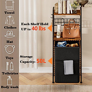 Furnulem 2 Tiers Laundry Hamper with Wooden Shelf and Hooks, Vertical Laundry Basket with Pull-Out and Removable Bag, Clothes Hamper with Divided Bag for Laundry Room, Bathroom, Bedroom, Dorm