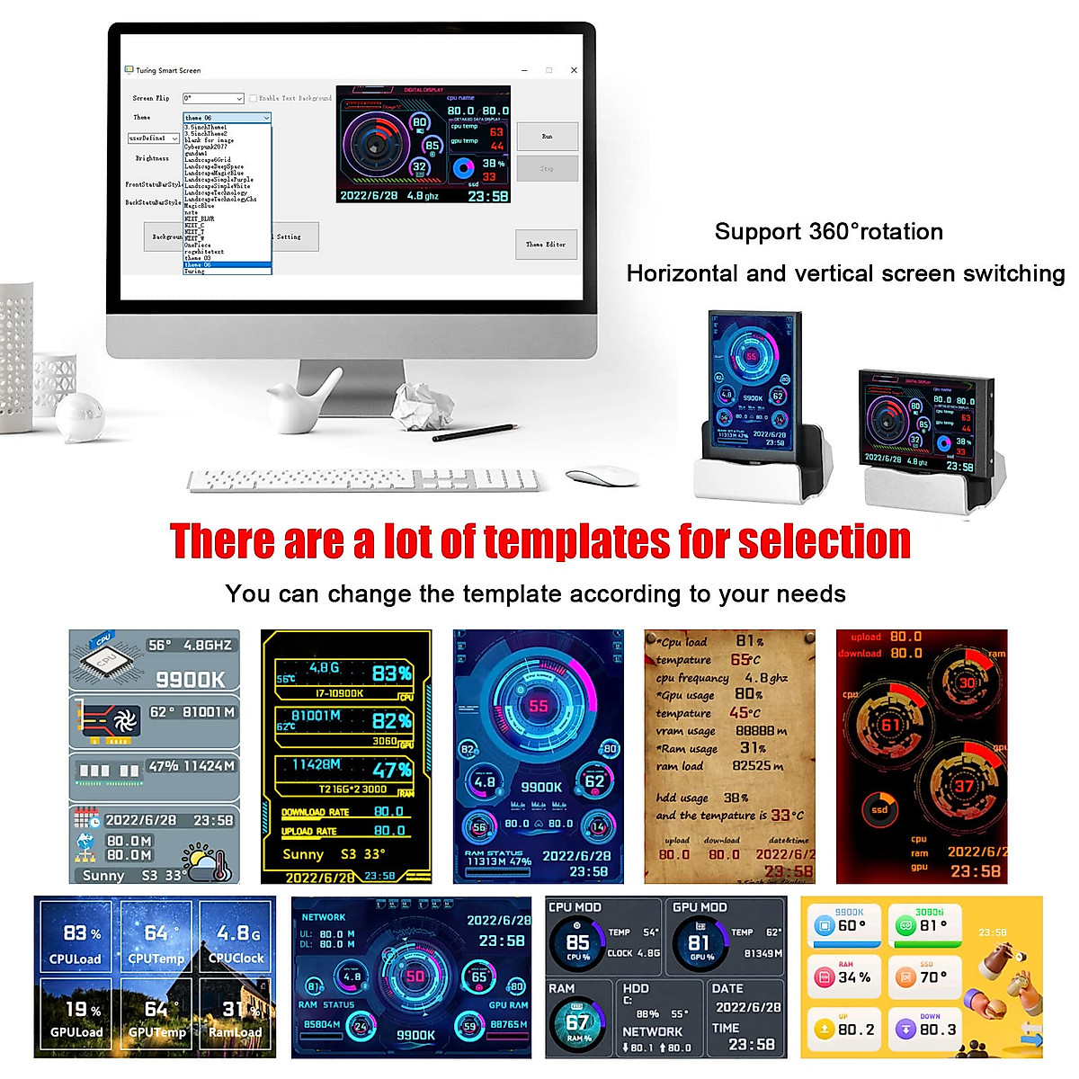 Aoutecen Display Screen, USB 360° Rotation IPS Full View Mini Monitor Simple Installation for Working