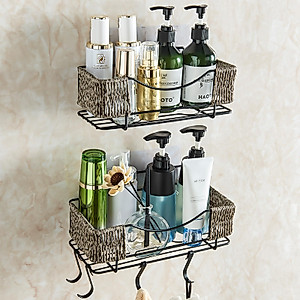 KINBEAR Shower Shelf Caddy Adhesive, Rustproof Shower Shelves for Inside Shower 2 Pack Bathroom Organizer Shampoo Holder for Shower Wall No Driling with Upgrade Sticker - Weaved Rattan Gray