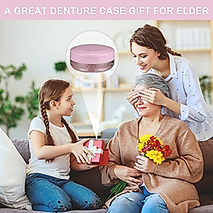 Denture Case, Leak Proof Denture Bath Case Cup Kit for Travel Cleaning, Denture Holder Box Bath Soaking Container for Women & Men with Mirror, Strainer, Removal Tool and Denture Brush(Pink)