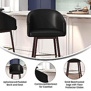 Flash Furniture Margo Commercial Grade Mid-Back Counter Stool - Black LeatherSoft Upholstery - Walnut Finish Beechwood Legs with Soft Bronze Accents - 26" Barstool