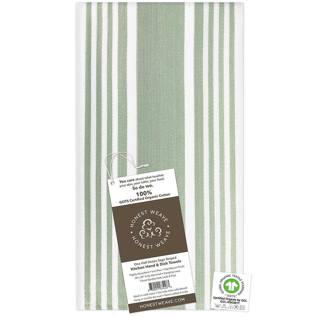 HONEST WEAVE GOTS Certified Organic Cotton Kitchen Hand and Dish Towel Sets - Oversized 20x30 inches, Fully Hemmed, in Designer Colors, 6-Pack, Sage Stripe