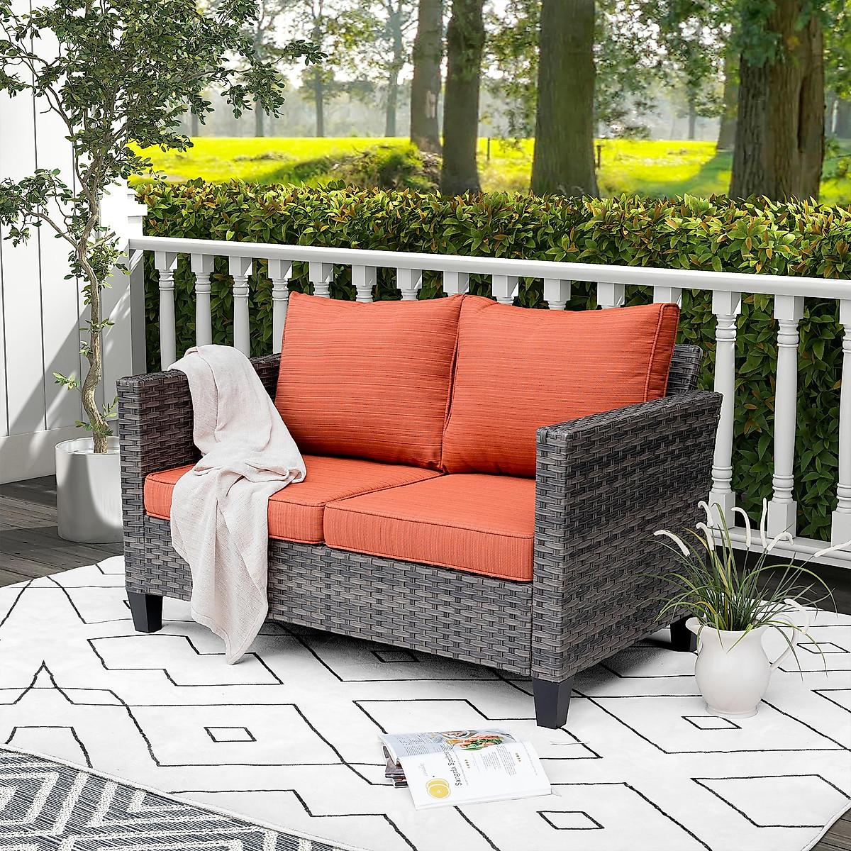 ovios Patio Sofa Outdoor Furniture Loveseat Couch with Comfortable Cushions All Weather Wicker Rattan Patio Loveseat Sofa for Backyard Porch Deck, Grey Wicker, Orange Red Cushion