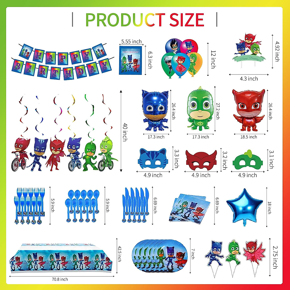 129pcs Pj-Masks Birthday Party Supplies Including Banners, Tablecloths, Cutlery, Spoons, Plates, Napkins, Hanging Swirls, Balloons, Cake Toppers, Cupcake Toppers, Character Foil Balloons