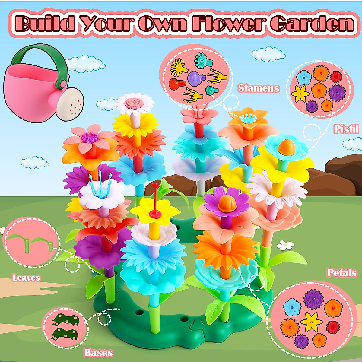 FUNZBO Flower Garden Building Toys - Toddler Girls Toys for Age 3 4 5 6 7 Years Old, STEM Montessori Educational Toys for Kids, Sorting & Stacking Set for Birthday Valentine Easter