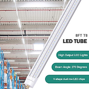 TRLIFE 65W 8FT LED Bulbs 6000K, T8 8FT V Shape LED Tube Light FA8 LED Light Bulbs with Clear Cover(150W Fluorescent Bulbs Replacement), Dual Row LED Chips, 7800Lm, Dual-Ended Power(25 Pack)