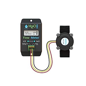 Flow Meter Including Flow Sensor, Digital Display, Flow and Accumulated Volume Measurements in Gallons or Liters, 2 AA Batteries or 1.8-5.5VDC External Power Supply, New! Longer Battery Life