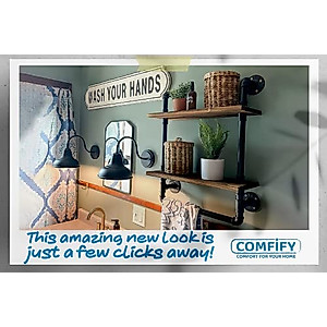 Industrial Bathroom Shelf w/Pipe Towel Bar – Farmhouse Towel Rack Made of Paulownia Wood and Cast Iron, Pipe Rack in Black Matte – Wall Mount Hand Towel Holder for Rustic Décor w/ 2-Tier Shelf