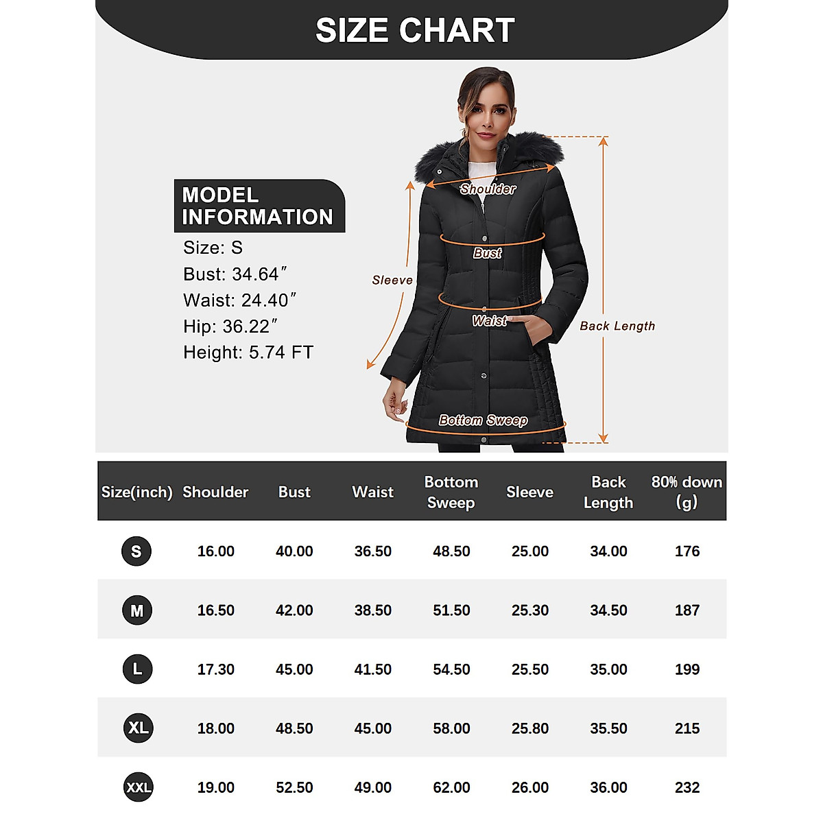 SLOW DOWN Women Winter Down Puffer Coat Warm Hooded Mid-Length Down Jacket for Women with Faux Fur Trim Hood and Pile Collar (Black, XL)