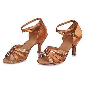 HIPPOSEUS Women's Rhinestone Latin Dance Shoes Shiny Ballroom Salsa Bachata Dancing Shoes Suede Outsole,Brown, 7 B(M) US