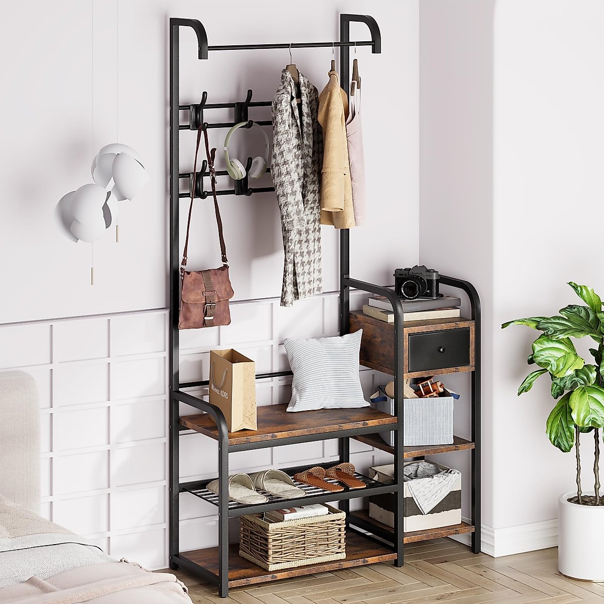 IDEALHOUSE Hall Tree Storage Bench for Entryway, Coat Rack Shoe Bench with Storage Drawer, 5-in-1 Coat Rack Storage Shelf and 8 Hooks, Coat Tree for Small Spaces, Entryway, Bedroom, Rustic Brown