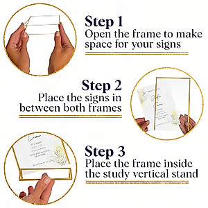 SUPER STAR QUALITY Clear Acrylic 2 Sided Frames with Gold Borders and Vertical Stand | Ideal for Wedding Table Number Holder, Double Sided Sign, Clear Photos, Menu Holders