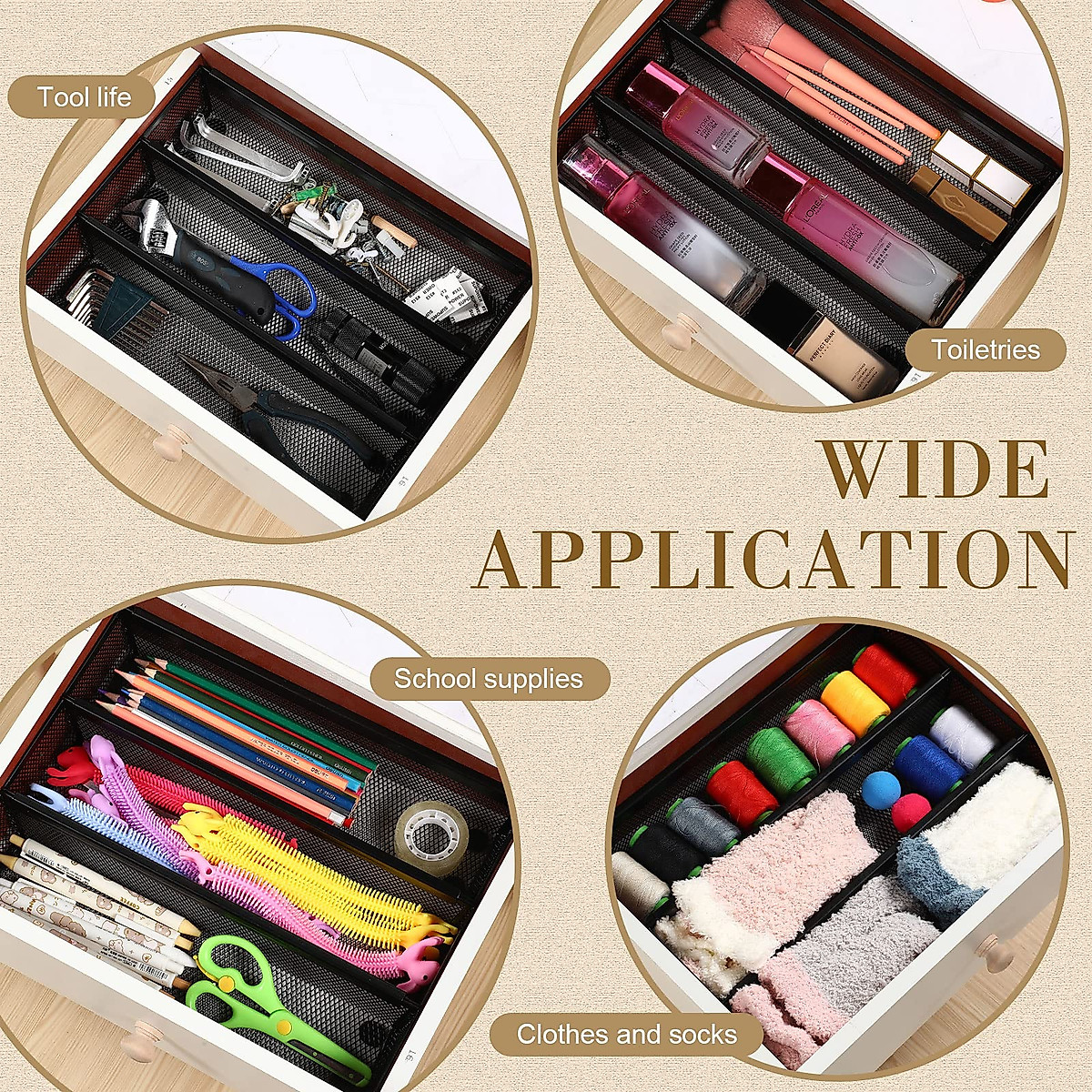 3 Pack Silverware Drawer Organizer Mesh Utensil Organizer for Kitchen Drawer, Silverware Tray with Interlocking Arm Narrow Utensil Holder for Flatware Spoon Knife Fork Pen, 12 x 3 x 2 Inch, Black