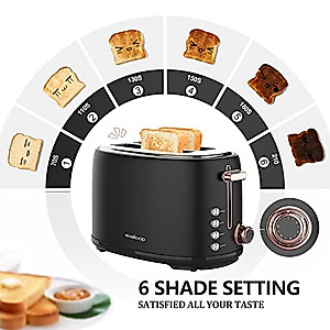 Evoloop Toaster 2 Slice, Stainless Steel Bread Toasters, 6 Bread Shade Settings, Reheat, Bagel, Defrost, Cancel Function, 1.5" Extra Wide Slots,with Removable Crumb Tray and Warming Rack (Black)