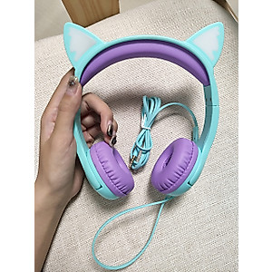 Olyre Kids Headphones with MIC for School, 85dB Safe Volume Limited Light Up Cat Ear Headphones,Wired Cord On-Ear Headphones for Children/Boys/Girls/Travel-Green/Purple