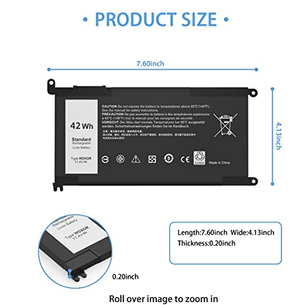 42Wh WDX0R Laptop Battery for Dell Inspiron 13 15 5000 7000 Series 13 7378 7375 7368 5378 5379 5368 15 7579 7569 5567 5568 5570 5578 5775 5579 7560 7570 17 5765 5767 5770 Series WDXOR P58F P69G 3CRH3