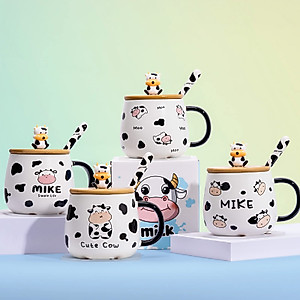 SHENDONG Cute Cow Coffee Mug with Lovely Lid,kawaii coaster and Spoon,Cow Print Stuff Gifts,Ceramic Tea Cup,Kawaii Cow Mugs,Funny 3D Animal Cow Mug,Birthday Gifts for Women, Cow Lovers, Girls Kids
